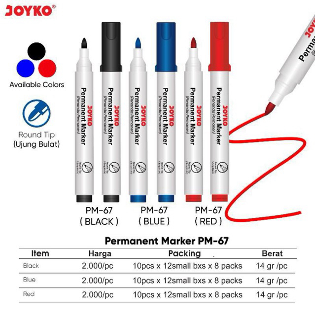 Jual ( 1 batang ) PM-67 Joyko Spidol Marker / Permanen Tidak bisa dihapus / Permanent Marker ...