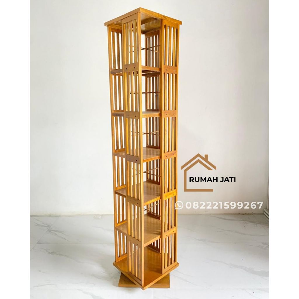 Jual rak kayu jati 6 tingkat serbaguna,rak buku putar minimalis retro ...