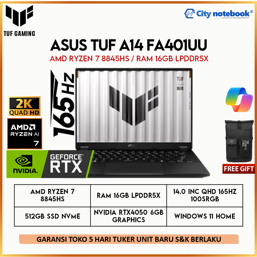 Jual Asus TUF A14 FA401UU AMD Ryzen 7-8845HS RTX4050 16GB 512GB W11 OHS ...