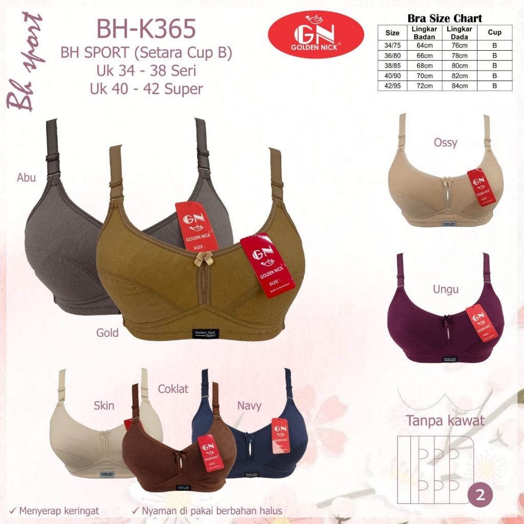 Jual Golden Nick Sport Bra SK 365 BH Busa Tipis cup A- B, tanpa kawat ...