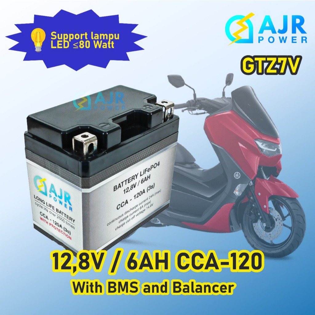 Jual Aki Accu Lithium LiFePo4 GTZ7V 12V 6AH dgn BMS STARTER CCA 120A ...