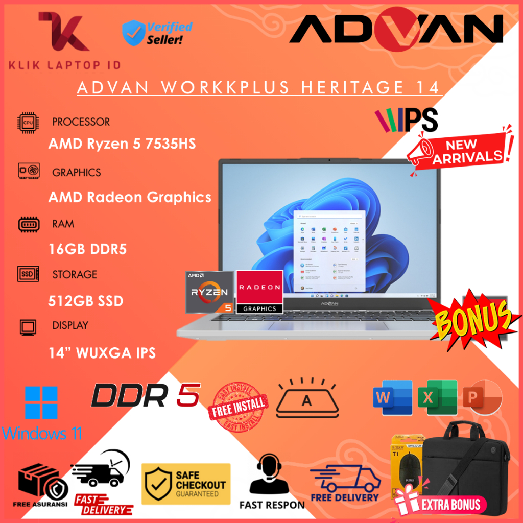 Jual Laptop Advan WorkPlus Heritage 14 Amd Ryzen 5 7534HS 16GB 512GB 14 ...