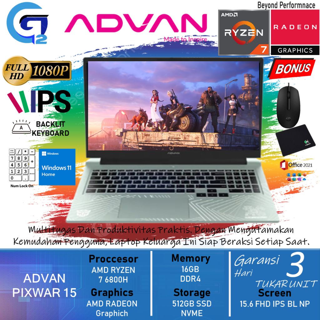 Jual Laptop ADVAN PIXELWAR 15 AMD Ryzen 7 6800H 32GB 1TB SSD FHD IPS ...