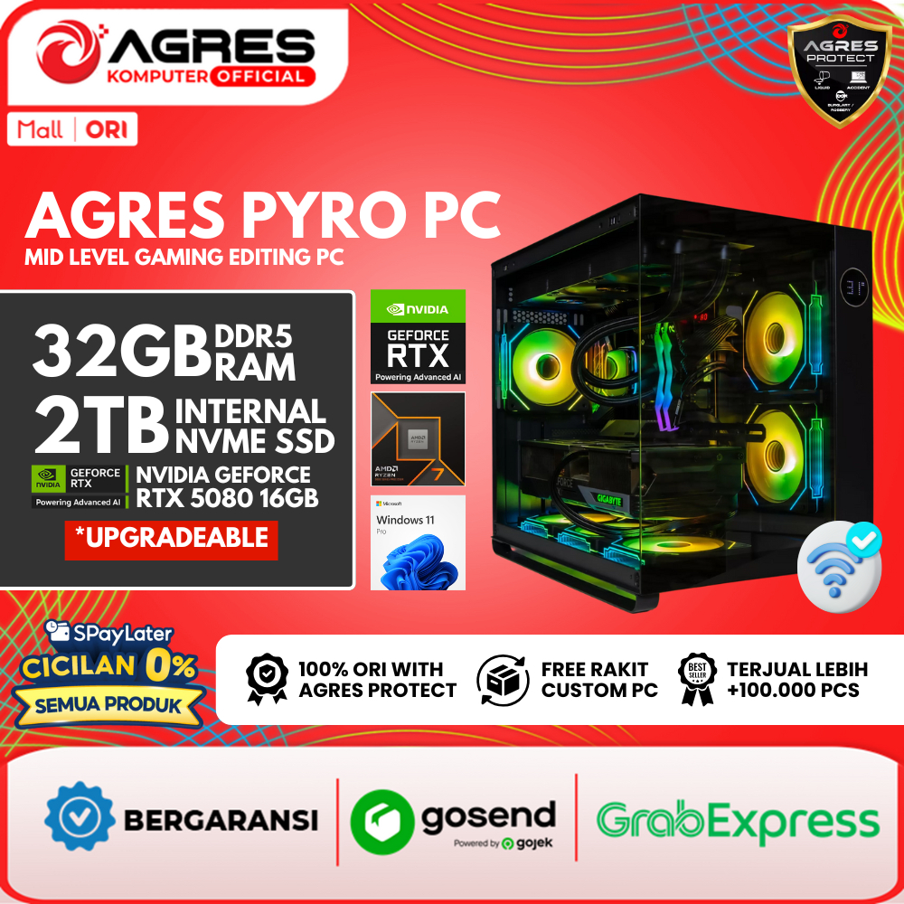 Jual AGRES PYRO PC RYZEN 7 9700X RTX 5080 16GB/ 32GB 2TB WINDOWS 11 PRO WIFI + BT RAKITAN PC ...