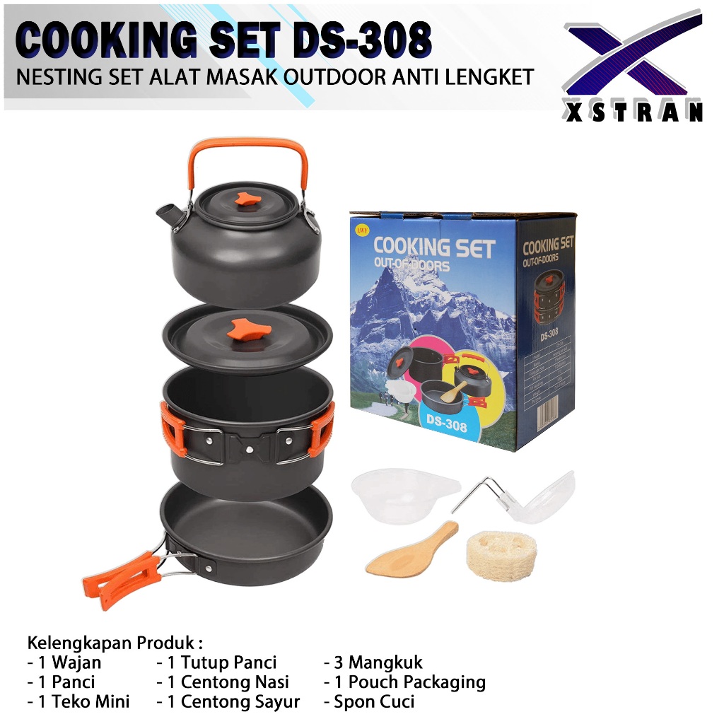Jual cooking set camping ds-308 nesting set + teko / alat masak outdoor ...