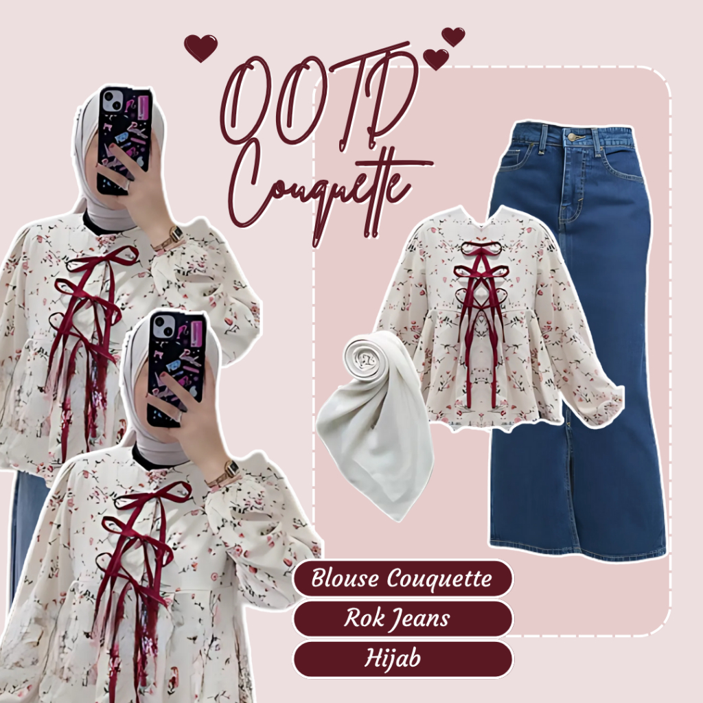 Jual One Set Blouse Bunga Style Korean 3in1 ( Blouse+Rok Jeans+Hijab ...