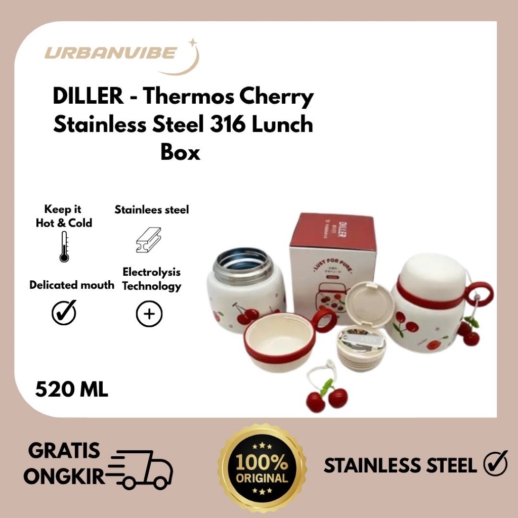 Jual DILLER - Thermos Cherry Stainless Steel 316 Lunch Box 520ml | Shopee Indonesia
