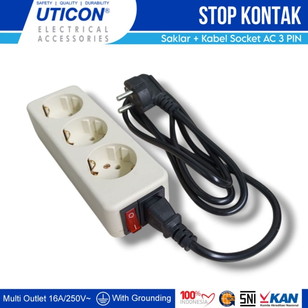 Jual UTICON Stop Kontak Arde Saklar dengan Socket & Kabel AC 3 PIN with Grounding | Shopee Indonesia