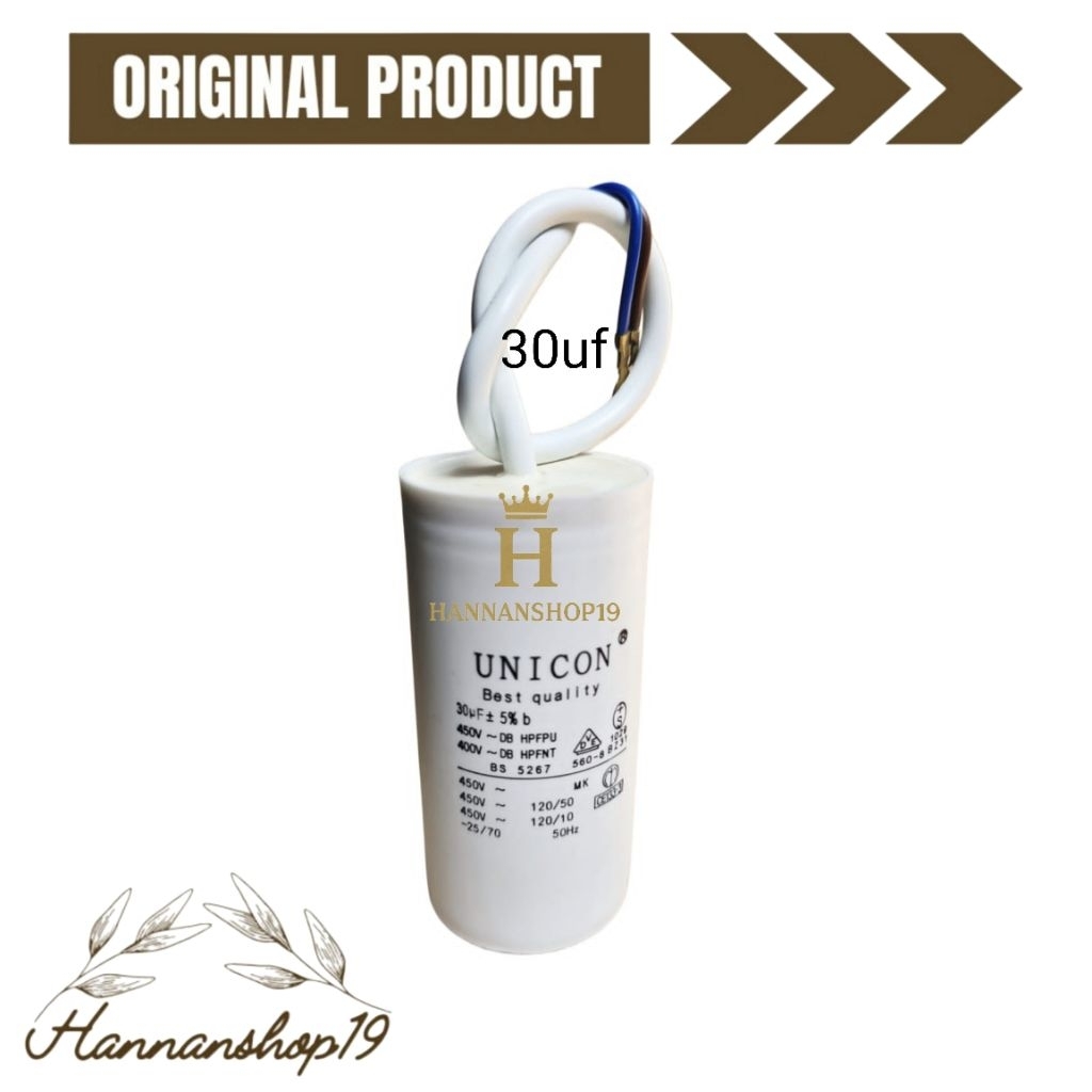 Jual Kapasitor pompa UNICON 30uf 2kabel / Capasitor Unicon 30uf 2kabel ...
