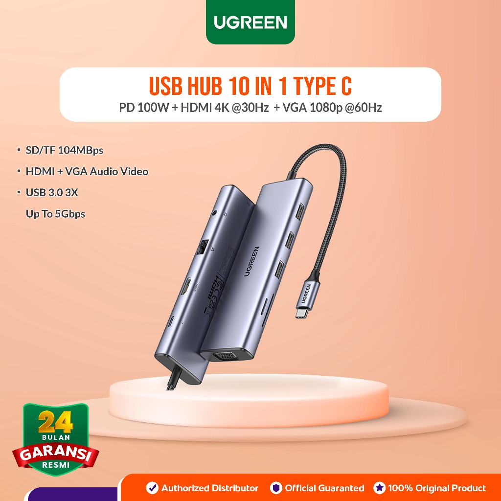 Jual UGREEN 15601 HUB Type C 10 in 1 Converter to HDMI 4K VGA RJ45 Ethernet LAN 3.5mm Audio 3 ...
