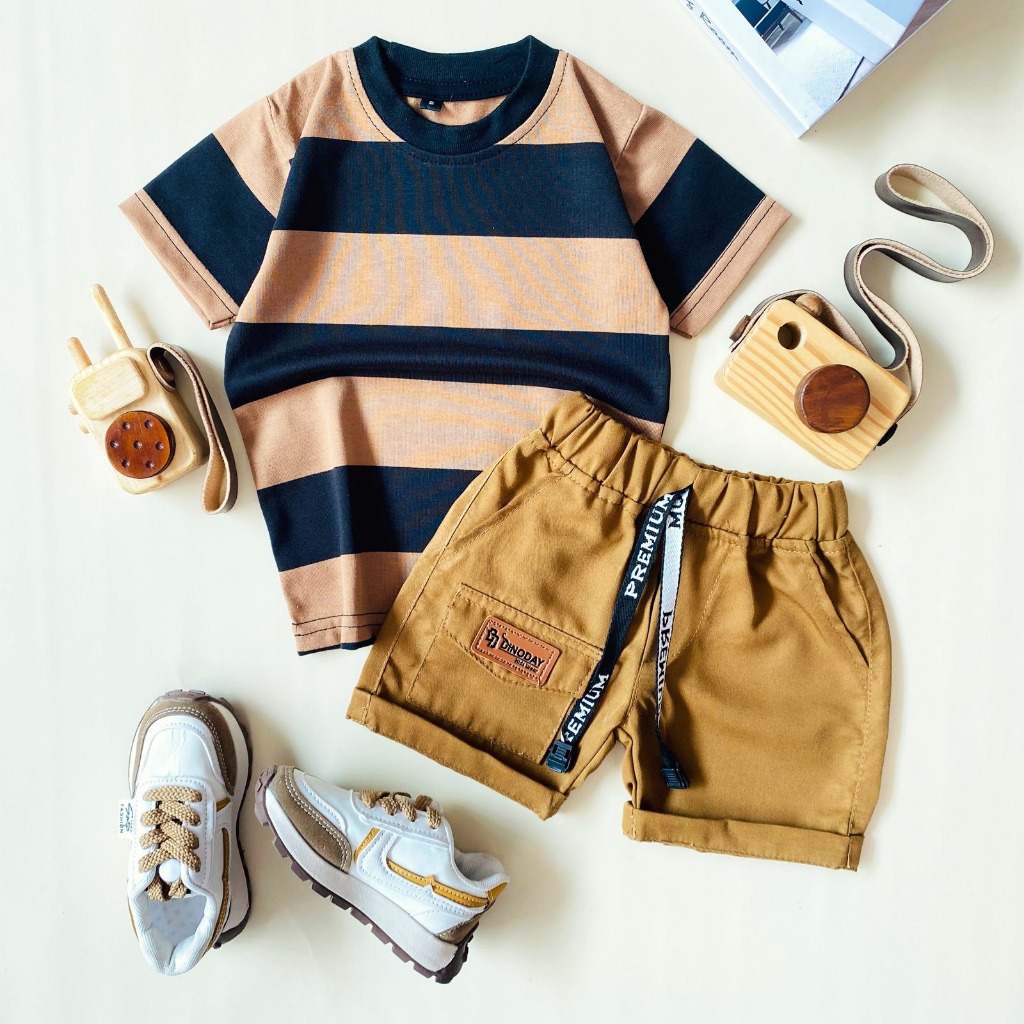 Jual ESTISHOP Setelan Anak Laki Laki Perempuan Kaos Salur Stripe Celana Cargo Saku Hotpants 1-7 ...