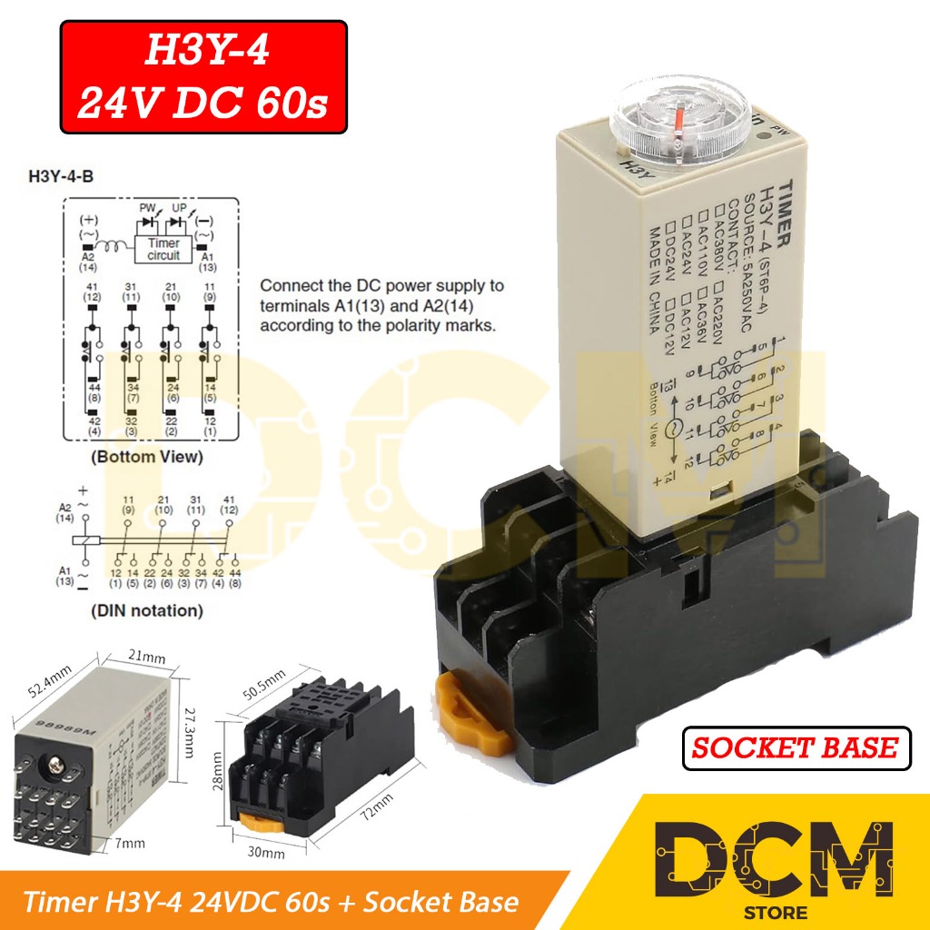 Jual Timer H3Y-4 24V DC 60s 1min Delay Relay DPDT + Socket PYF14A | Shopee Indonesia