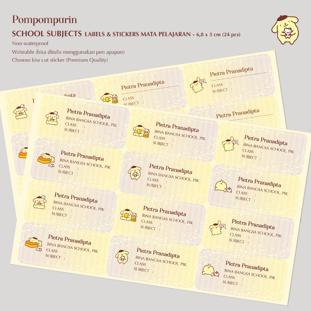 Jual POMPOMPURIN / STICKER MATA PELAJARAN / SCHOOL LABEL / WRITEABLE ...