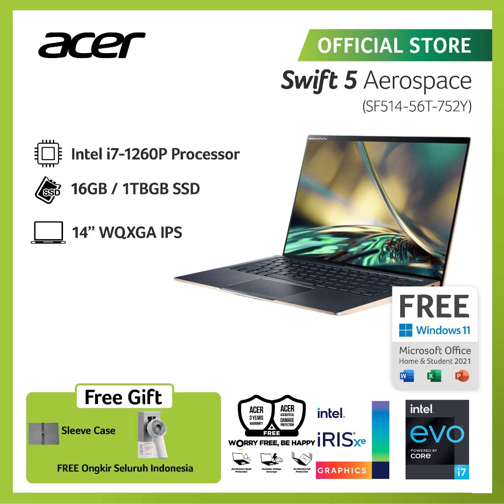 Jual (FREE HAND FAN) ACER LAPTOP SWIFT 5 AEROSPACE SF514-56T-752Y 14" IPS QHD INTEL EVO I7-1260P ...