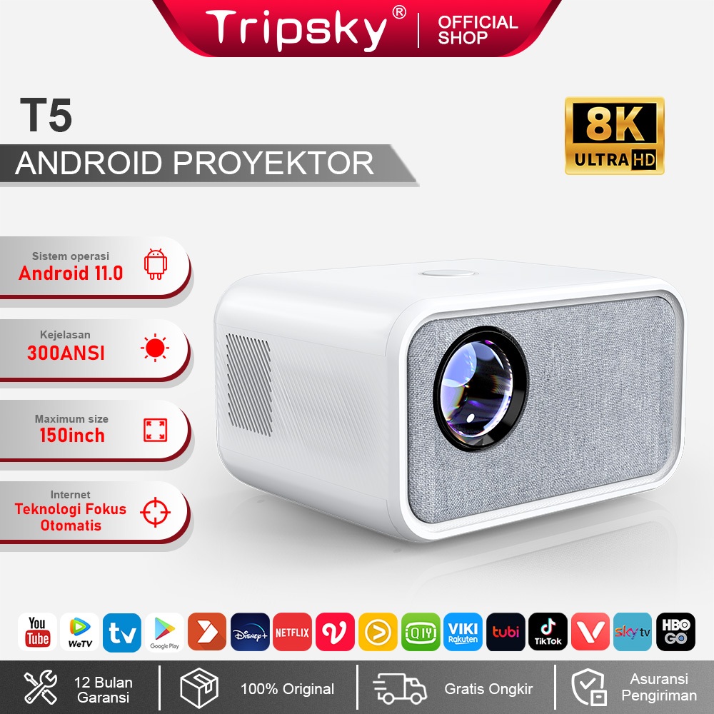 Jual Tripsky T5 proyektor Android 11 OS 8K HD 300 ANSl Smart Projector Portable Proyektor Auto ...