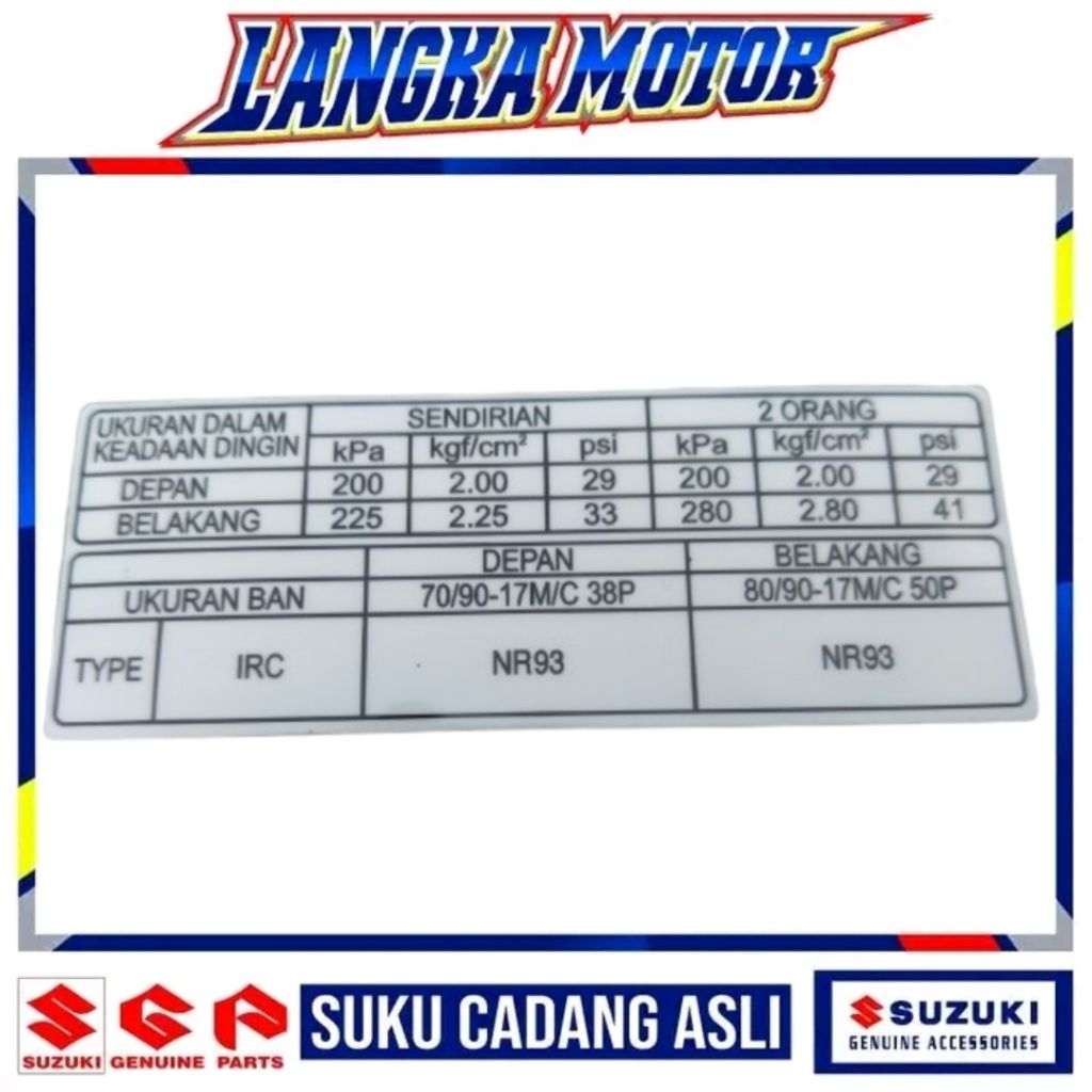 Jual ORI SGP Label Stiker Ukuran Angin dan Ban Suzuki RK Cool Raider ...