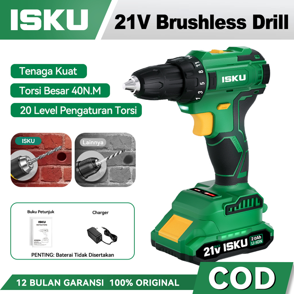 Jual ISKU Bor Tangan Baterai 21V 2000mAh Bor Listrik Baterai Bor Cas Bor Impact Baterai Cordless ...