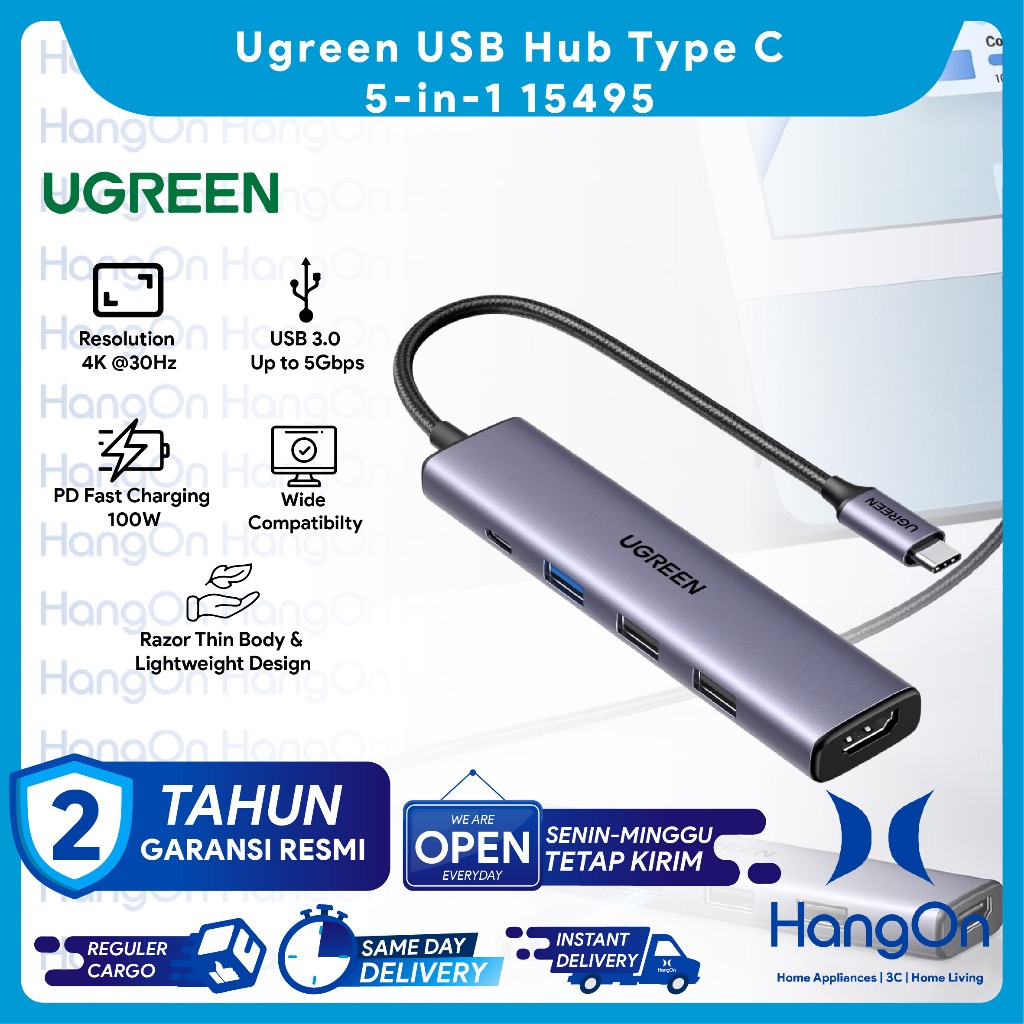 Jual Ugreen 15495 USB Hub 5-in-1 Type C to USB A 3.0 / 2.0 USB-C Connector 5Gpbs High Speed Data ...