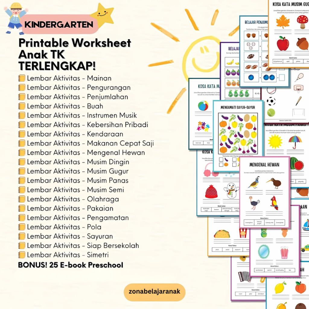 Jual 1000+ Kindergarten Printable Worksheet Anak Usia PAUD TK Preschool ...
