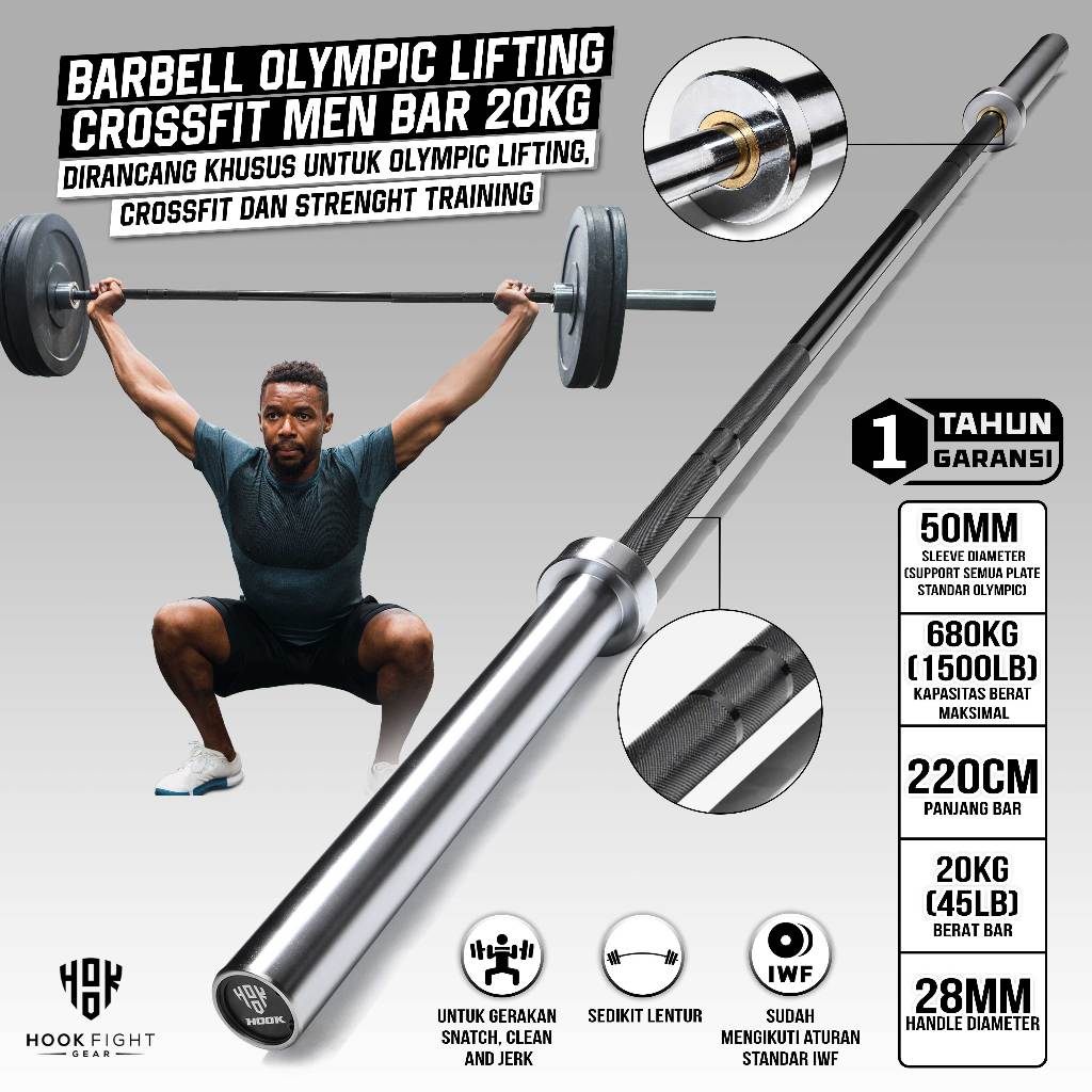 Jual Barbell Olympic Lifting Crossfit Men Bar 20Kg Hook Barbell Angkat ...
