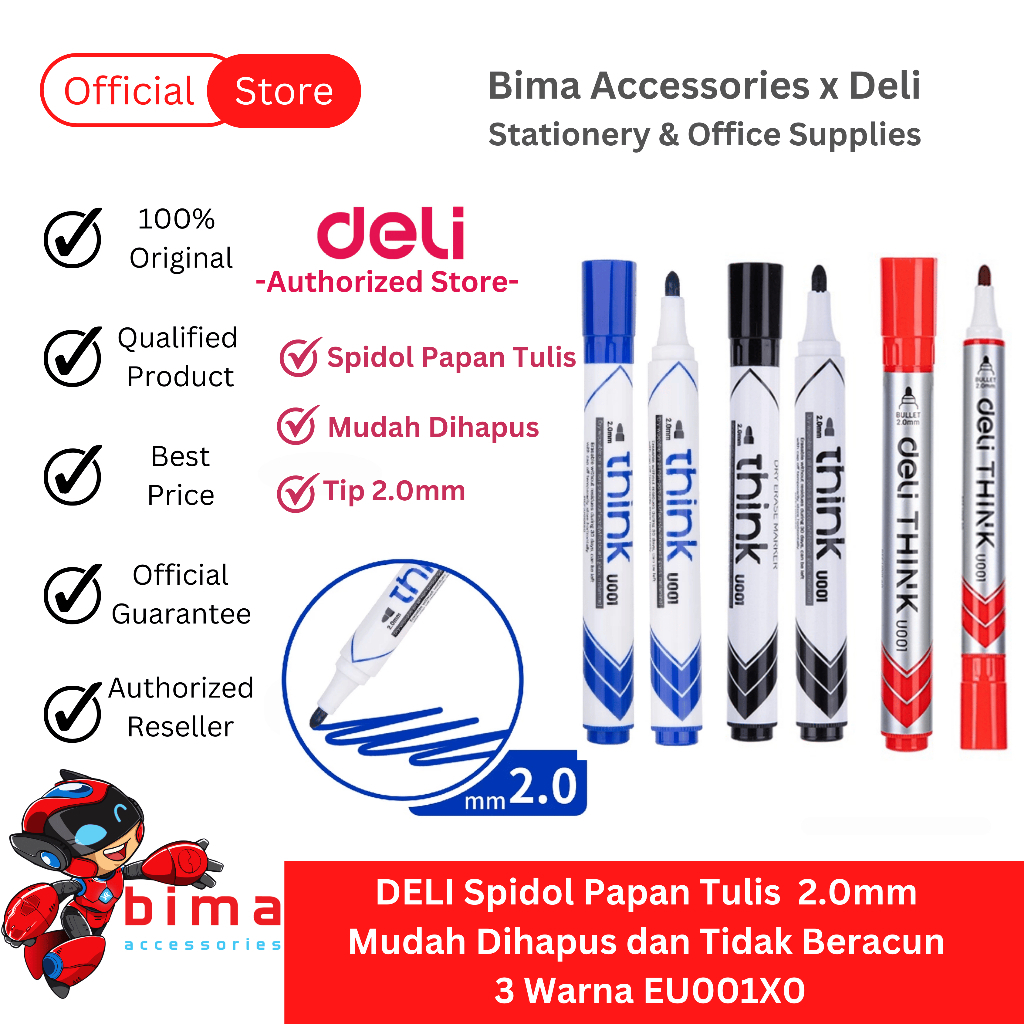 Jual DELI Spidol Marker Whiteboard Papan Tulis Tinta Hitam Biru Merah 3 ...
