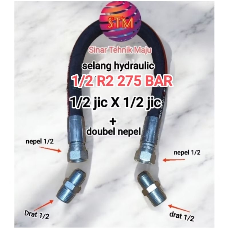 Jual selang hydraulic 1/2 R2 275 BAR 1/2 jic X 1/2 jic dan doubel nepel | Shopee Indonesia