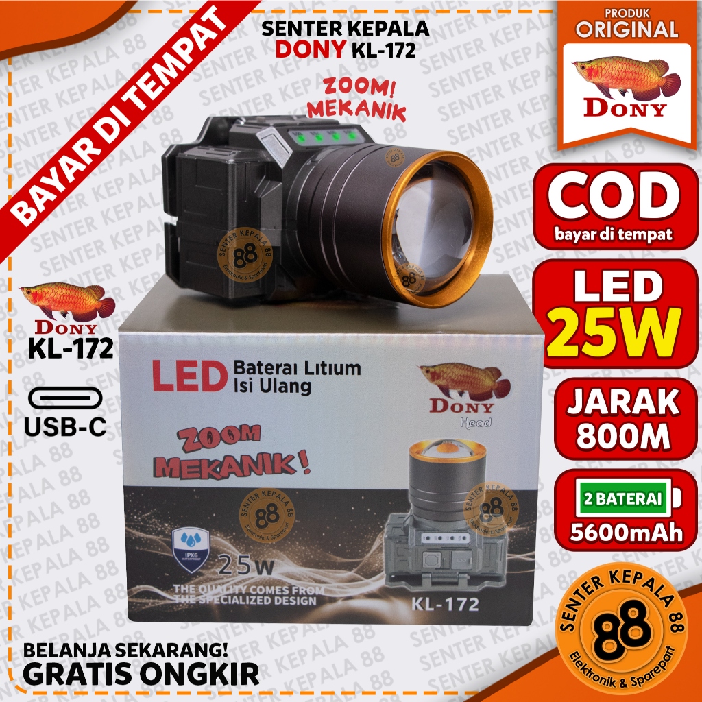 Jual DONY SENTER KEPALA ZOOM DONY LED KL-172 25W RECHARGEABLE SUPER TERANG JARAK JAUH | Shopee ...