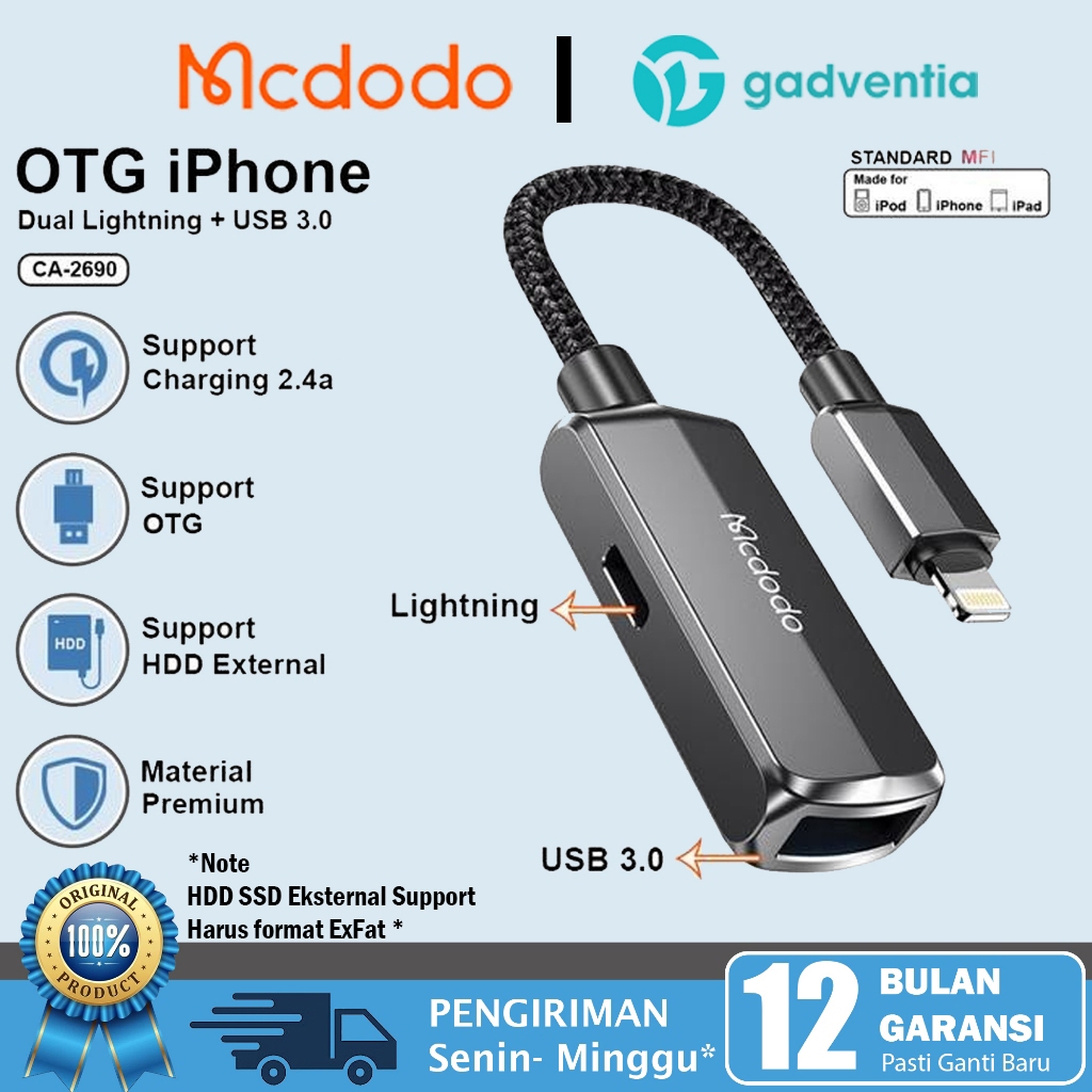 Jual Mcdodo 2 in 1 USB Lightning OTG Adapter to Usb A for untuk iPhone ...