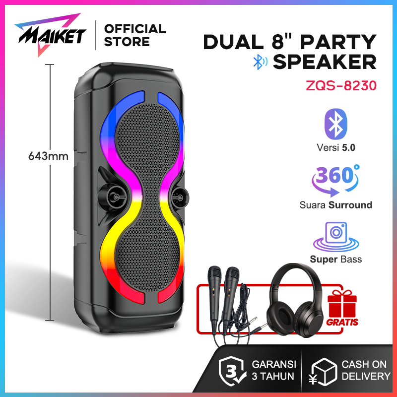 Jual MAIKET Dual 8 Inch Party Speaker Super Bass Speaker Bluetooth ...