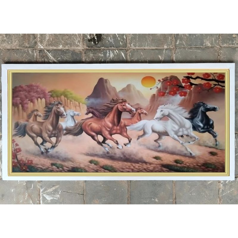 Jual hiasan dinding lukisan cetak kuda fengsui plus bingkai ukuran 105* ...