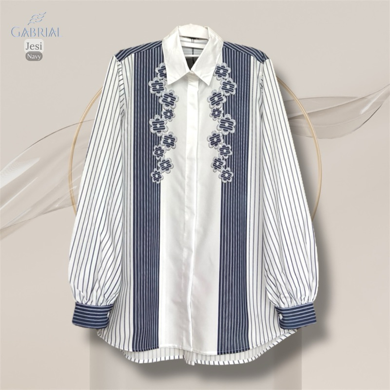 Jual JESI SHIRT Atasan Wanita Exclusive Stripe Monogram Printed Limited ...
