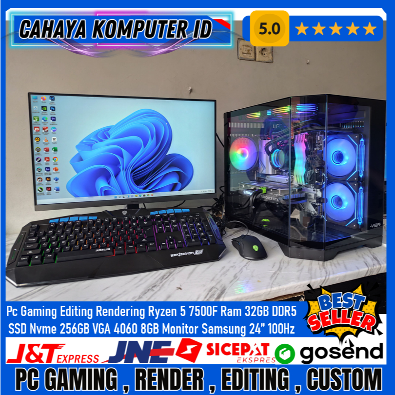 Jual PC Gaming Editing AMD Ryzen 5 7500F Ram 32GB DDR5 SSD Nvme 256GB VGA RTX 4060 8GB LED ...