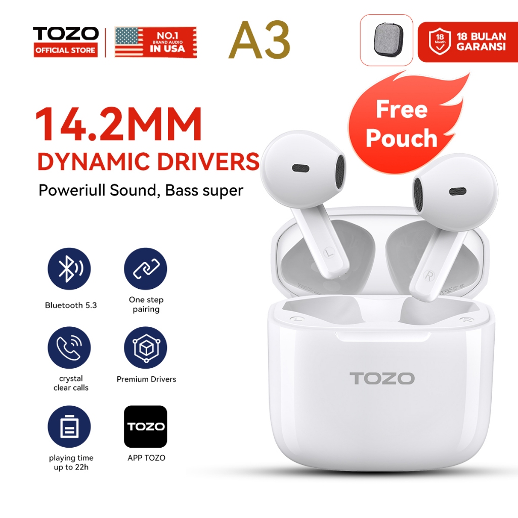 Jual (14.2mm Driver lebar) TOZO A3 Upgraded Wireless Earbuds Bluetooth 5.3 Half in-Ear ...