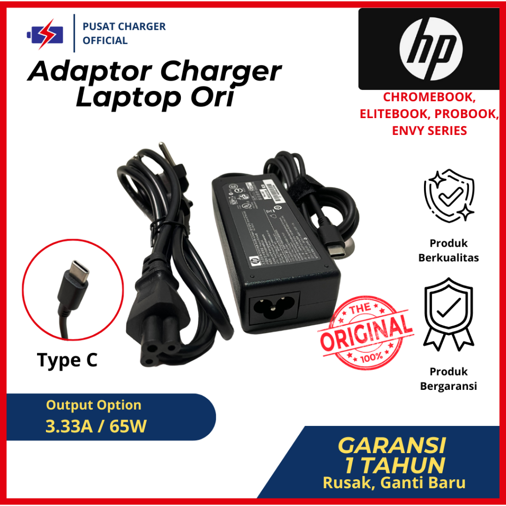 Jual Adaptor Charger HP Type C 20V 3.25A 65 W Garansi 1 Tahun EliteBook ...