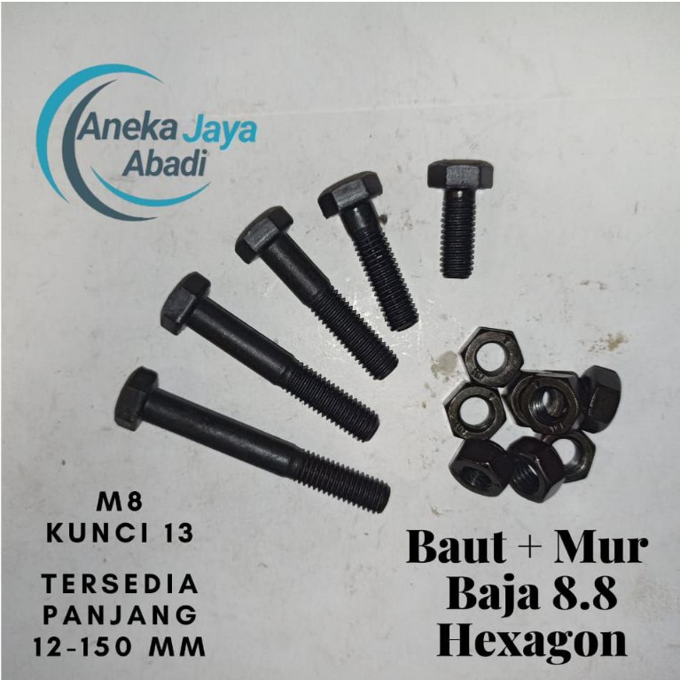 Jual Baut Mur Baja 8.8 Hexagon M8 Panjang 12mm - 150mm /Baud Baja M8x12 sampai M8x150 Kunci 13 ...