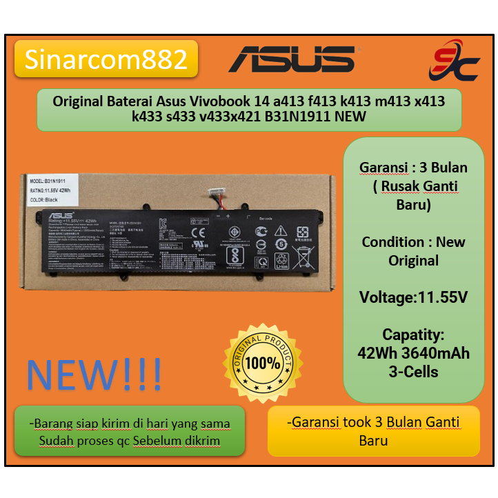 Jual Original Baterai Asus Vivobook 14 a413 f413 k413 m413 x413 k433 s433 v433x421 B31N1911 NEW ...