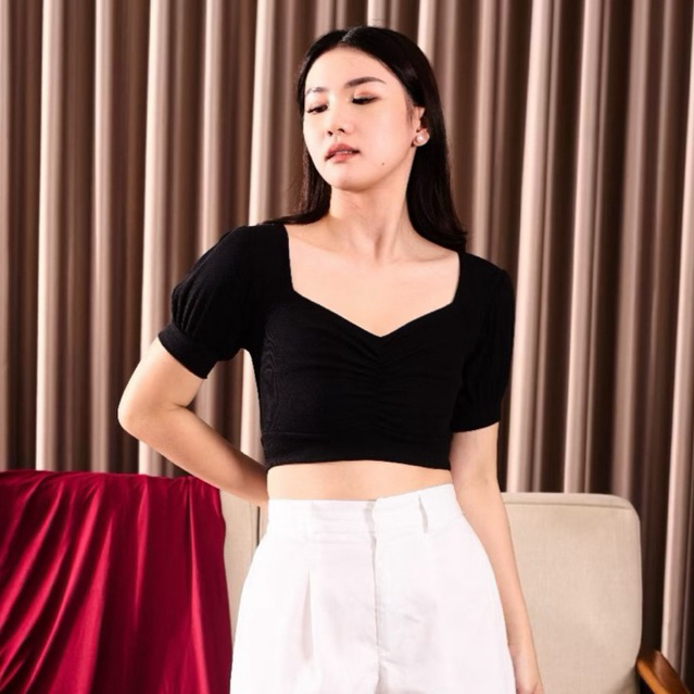 Jual Crop Top Wanita Korean Style - Crop Top Kerut Lengan Balon Spandek ...