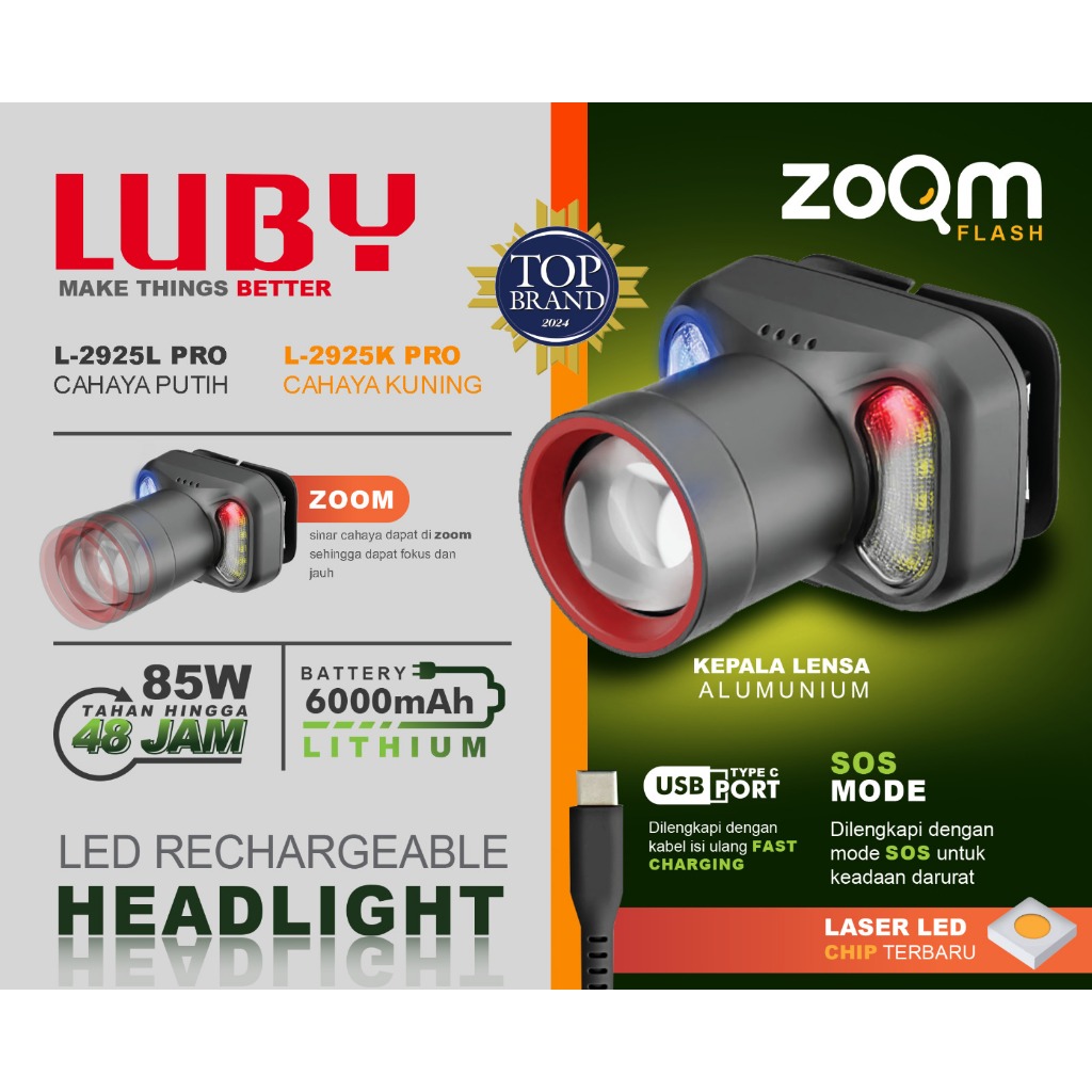 Jual LUBY Senter Kepala ZOOM L-2925L PRO Laser LED 85 Watt Cahaya Maksimal Plus RechargePro 3 ...