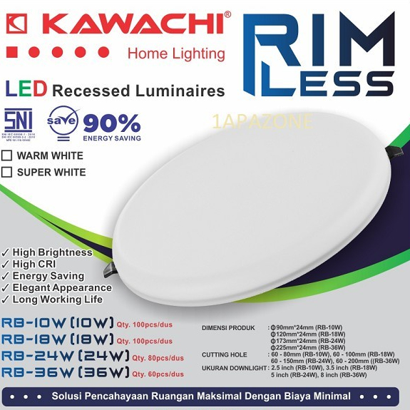 Jual Lampu Led Panel Downlight Rimless Kawachi Putih Bulat 10W 18W 24W 36W Sangat Terang ...
