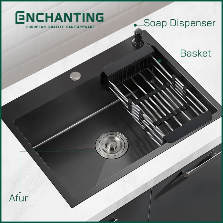 Jual ENCHANTING Kitchen Sink Stainless Steel SS 304 1 Bowl Black 60x45 ...