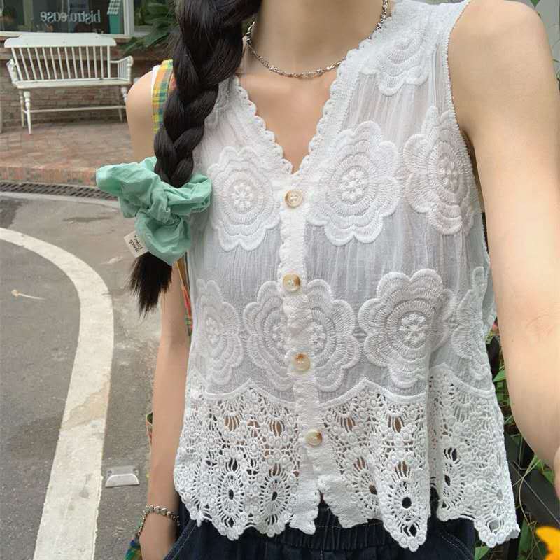 Jual Rompi Vest Katun Bordir Bunga2 V-neck Kancing Korea Style | Shopee ...