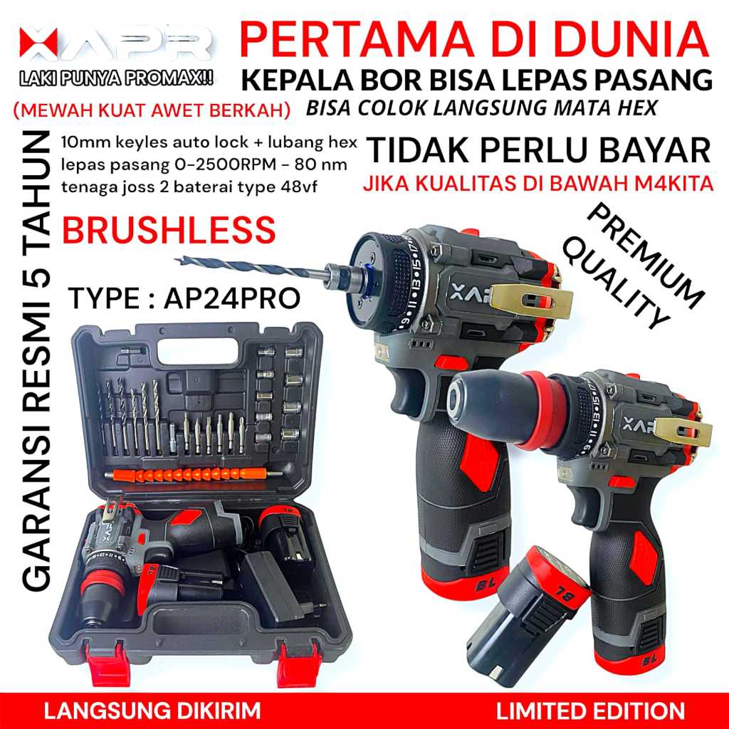 Jual APR MESIN BOR BATERAI BOR LISTRIK BRUSHLESS 10MM KEYLESS AUTOLOCK ...