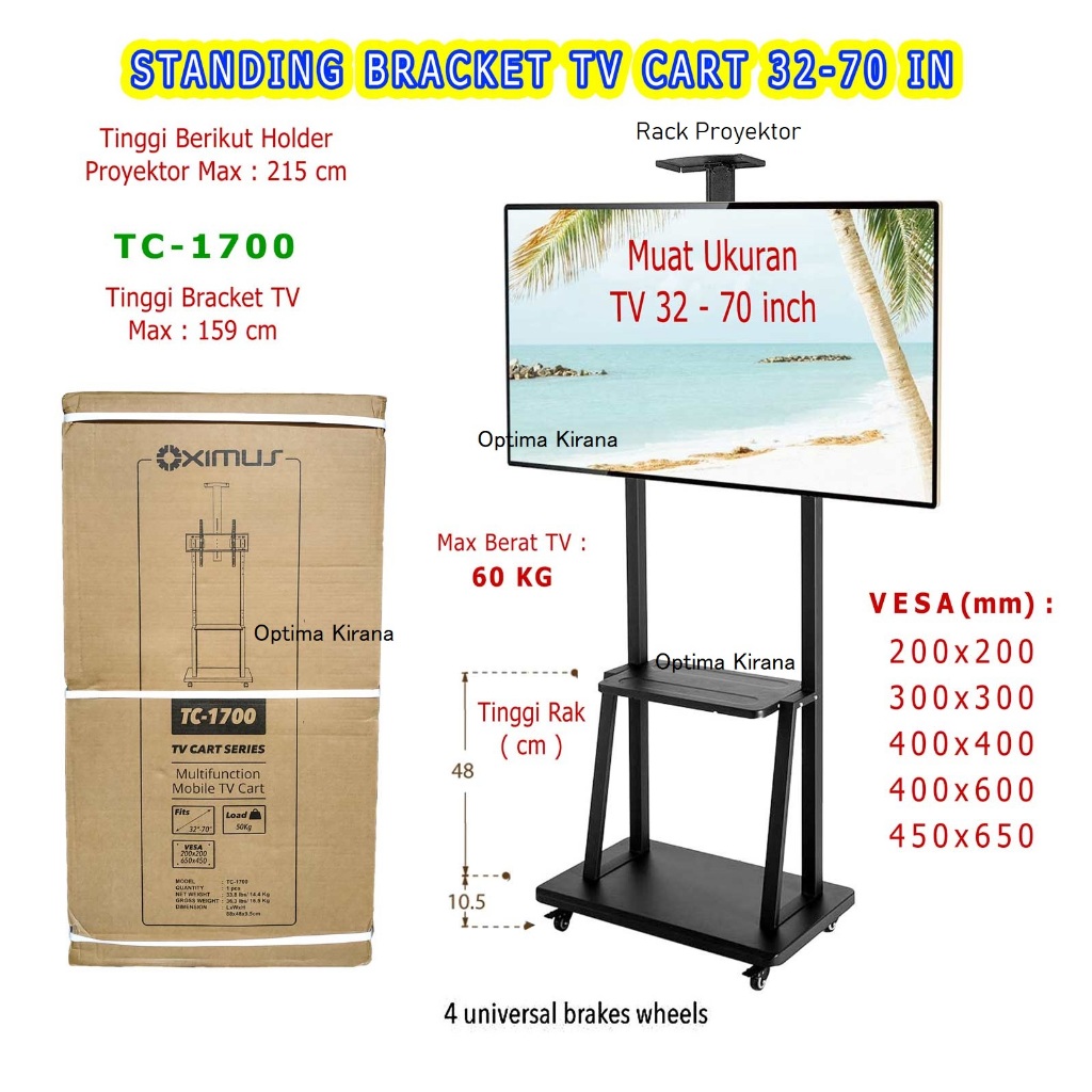 Jual BRACKET TV Cart STANDING BERDIRI RODA Dorong PORTABLE Mobile RACK ...