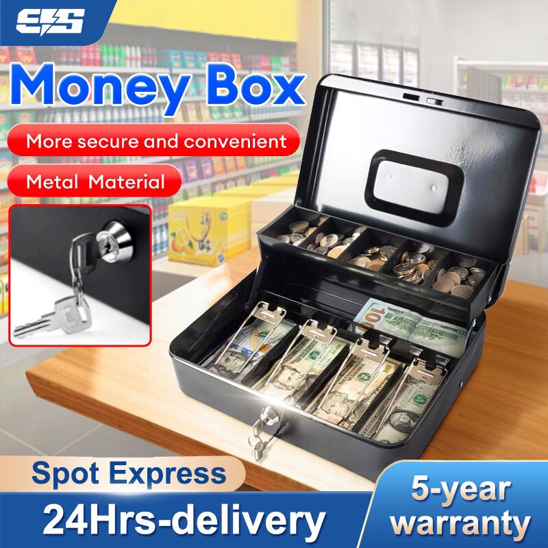 Jual Cash Box With Lock Safety Box Storage Compartment Tray Money Box ...