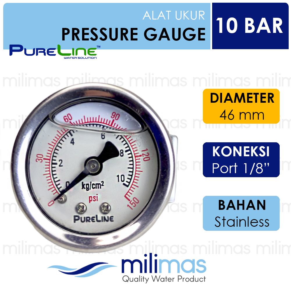 Jual PURELINE - Pressure Gauge/Manometer 10 BAR /145 Psi -Konektor ...