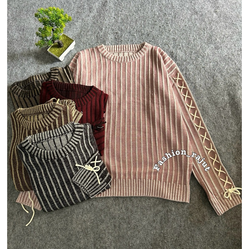 Jual Restii Sweater Rajut Motif Stripe Halus Motif Tali Pita Lengan ...