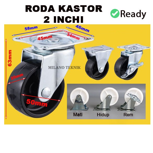 Jual Roda 2 inch PP Nylon kastor troli (Mati,Hidup,Rem) Roda gepeng ...