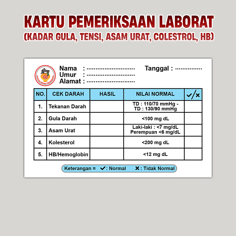 Jual isi (100 pcs) Kartu Pemeriksaan Laborat (kadar gula, tensi, asam ...