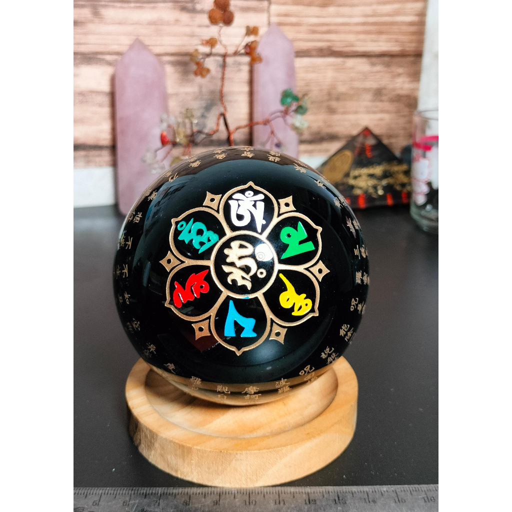 Jual Black Obsidian Sphere Fengshui Om Mani Padme Hum Heart Sutra 10 cm ...