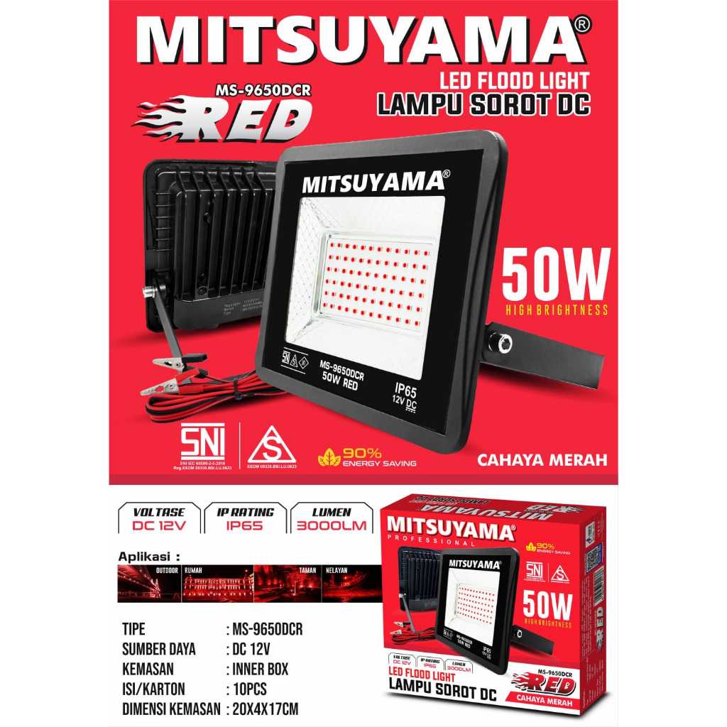 Jual Lampu Sorot Aki DC Mitsuyama 12V Cahaya Merah-Hijau 10 Watt 20 Watt 30 Watt, 50 Watt MS ...
